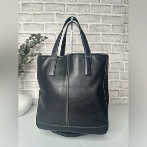Coach | Bags | Coach Black Leather Tote With White Stitching In ...